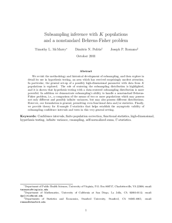 (PDF) Subsampling Inference with K Populations and a Non-standard Behrens-Fisher Problem