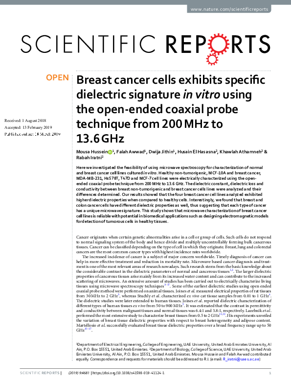 (PDF) Breast cancer cells exhibits specific dielectric signature in ...