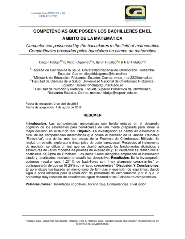 (PDF) Competencias que poseen los bachilleres en el ámbito de la matemática