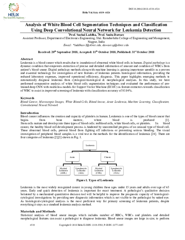 (PDF) Analysis of White Blood Cell Segmentation Techniques and Classification Using Deep ...