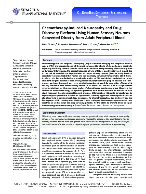 (PDF) Chemotherapy‐Induced Neuropathy and Drug Discovery Platform Using ...