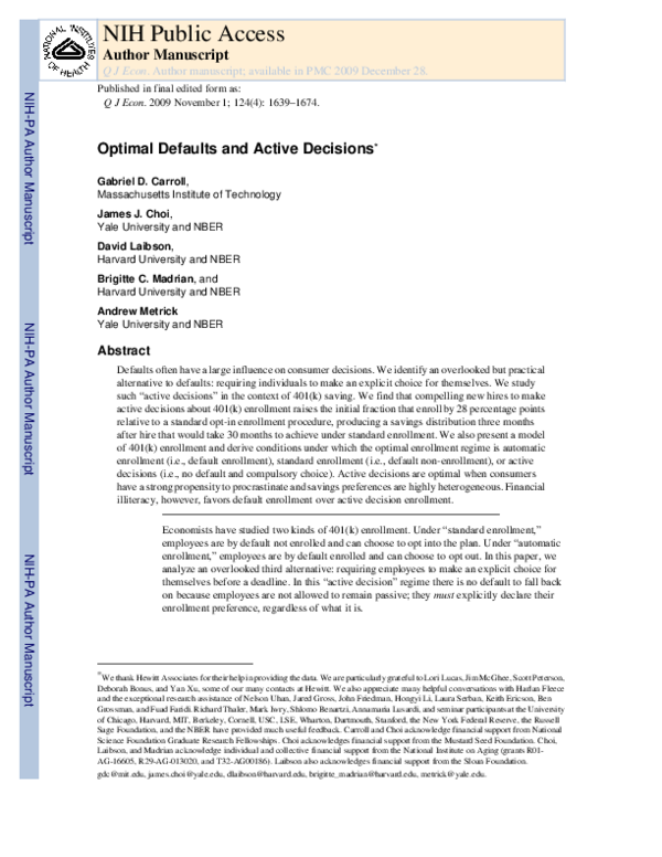 (PDF) Optimal Defaults and Active Decisions*