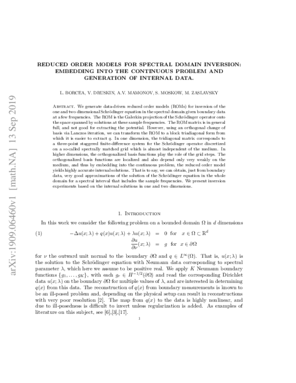 (PDF) Reduced order models for spectral domain inversion: embedding into the continuous problem ...