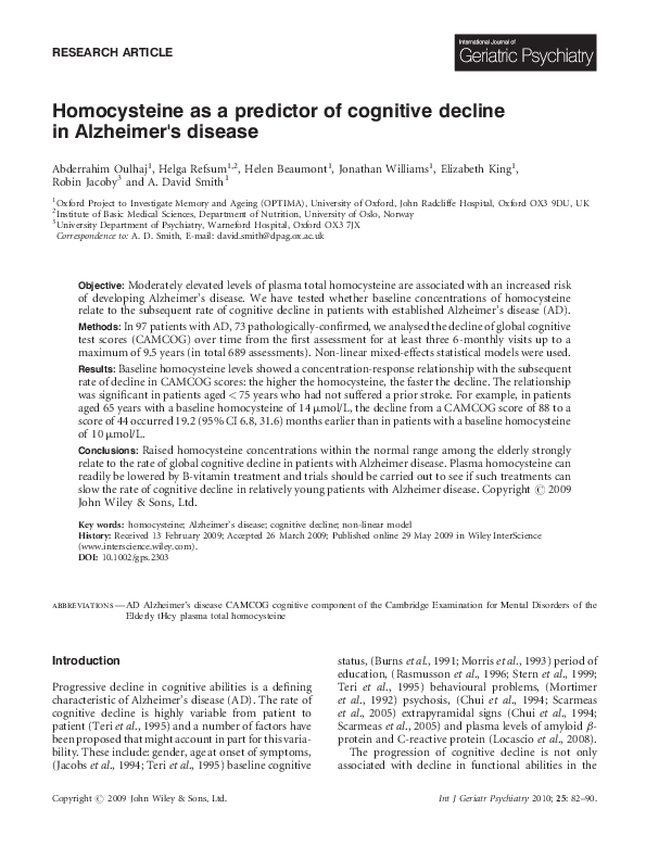(PDF) Homocysteine as a predictor of cognitive decline in Alzheimer's ...