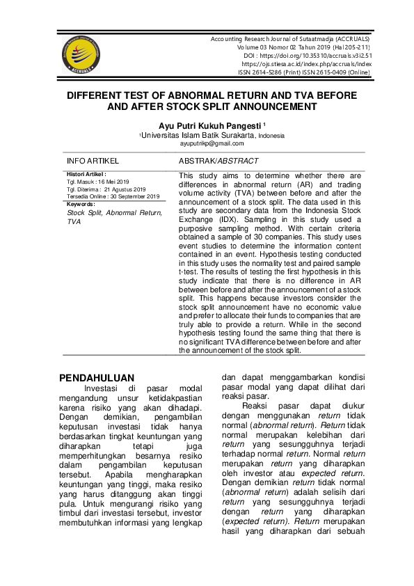 (PDF) Different Test of Abnormal Return and Tva Before and After Stock ...
