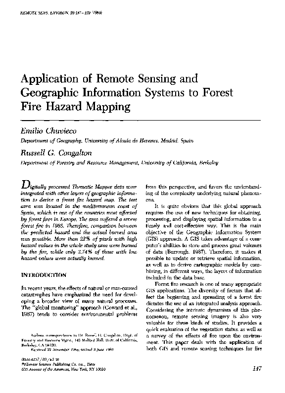 (PDF) Application of remote sensing and geographic information systems to forest fire hazard mapping