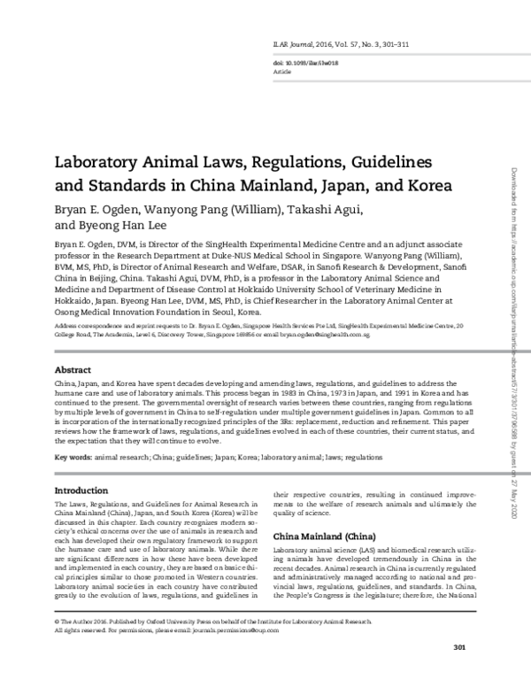 (PDF) Laboratory Animal Laws, Regulations, Guidelines and Standards in ...
