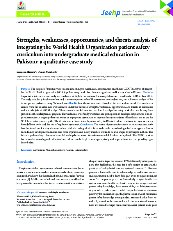 (PDF) Qualitative case study of strength, weakness, opportunity, and ...