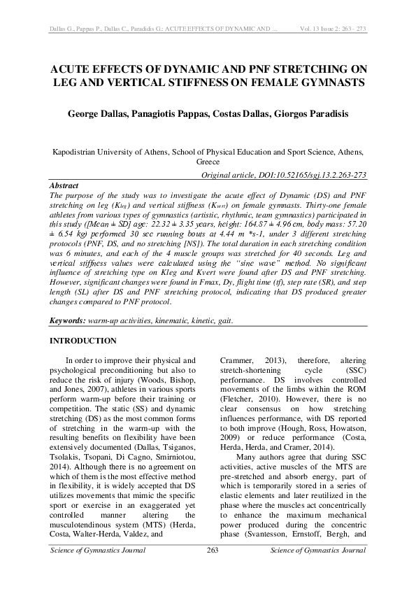 (PDF) Acute Effects of Dynamic and PNF Stretching on Leg and Vertical Stiffness on Female Gymnasts