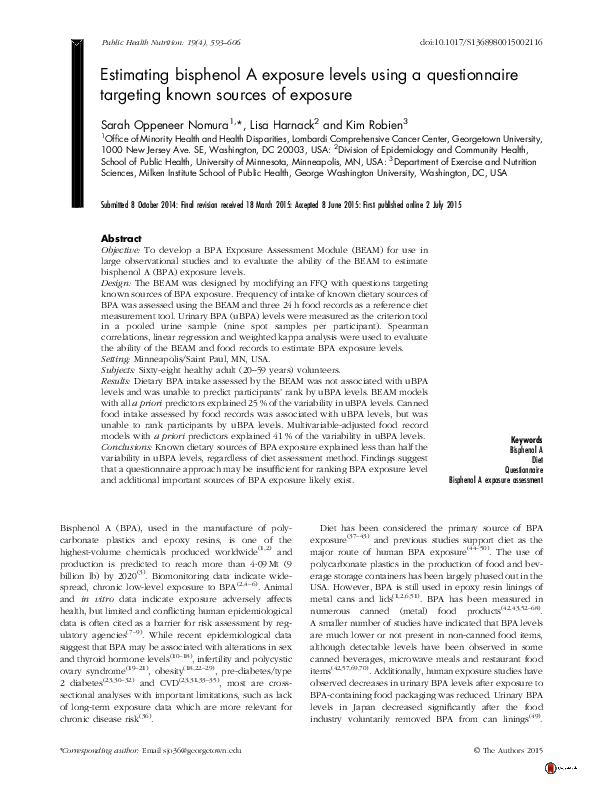 (PDF) Estimating bisphenol A exposure levels using a questionnaire ...