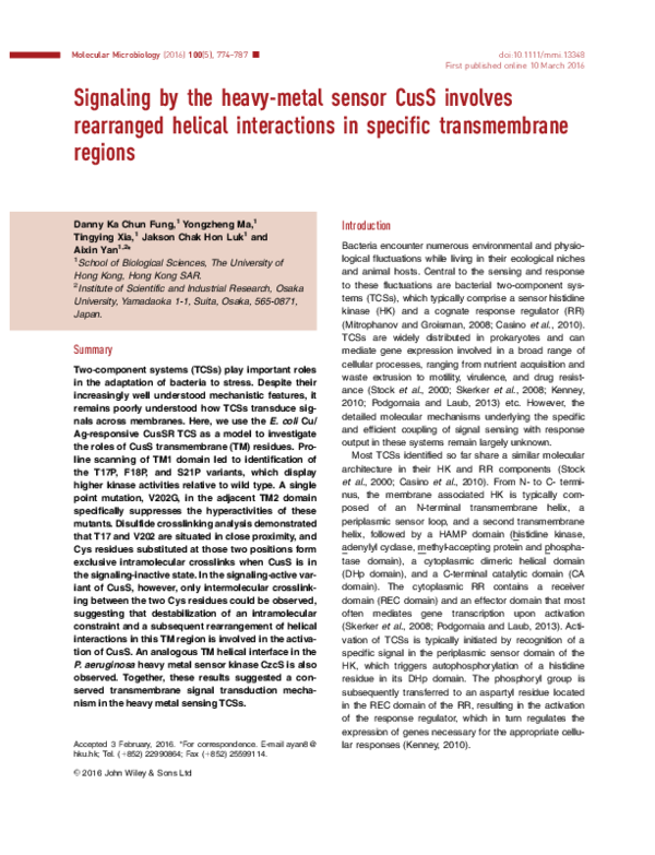 (PDF) Signaling by the heavy-metal sensor CusS involves rearranged ...
