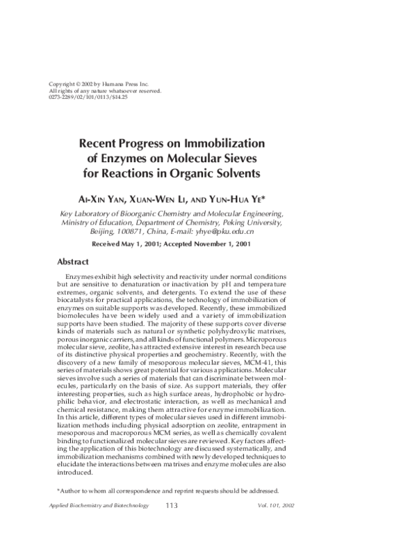 (PDF) Recent Progress on Immobilization of Enzymes on Molecular Sieves for Reactions in Organic ...