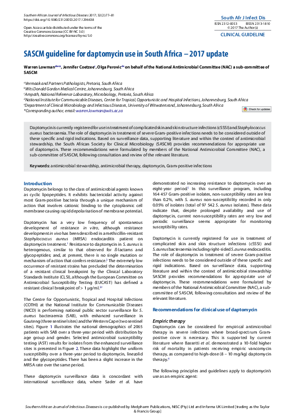 (PDF) SASCM guideline for daptomycin use in South Africa – 2017 update