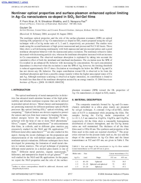 (PDF) Nonlinear optical properties and surface-plasmon enhanced optical limiting in Ag–Cu ...