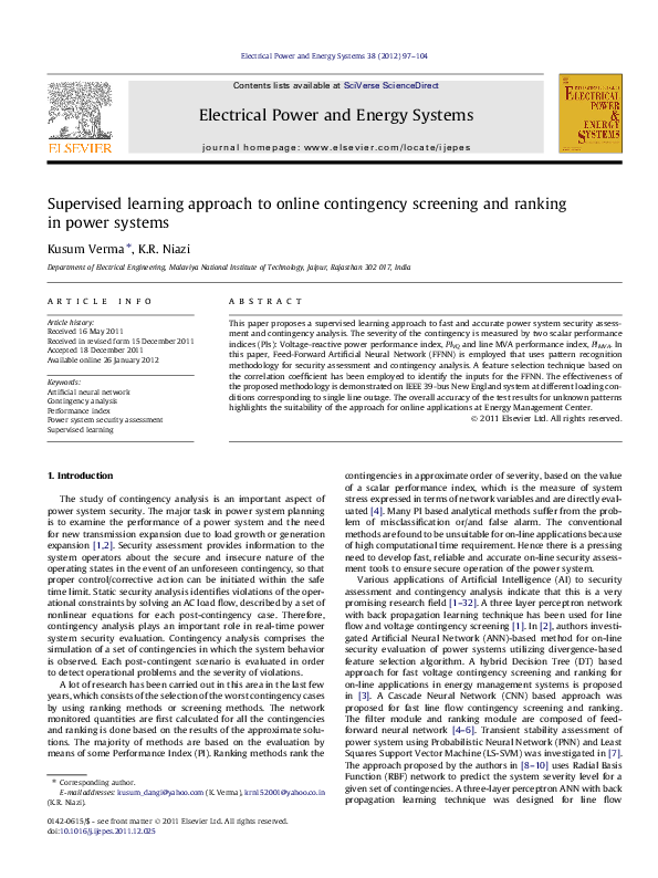 Pdf Supervised Learning Approach To Online Contingency Screening And Ranking In Power Systems