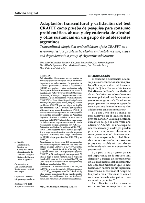 (PDF) Adaptación transcultural y validación del test CRAFFT como prueba ...