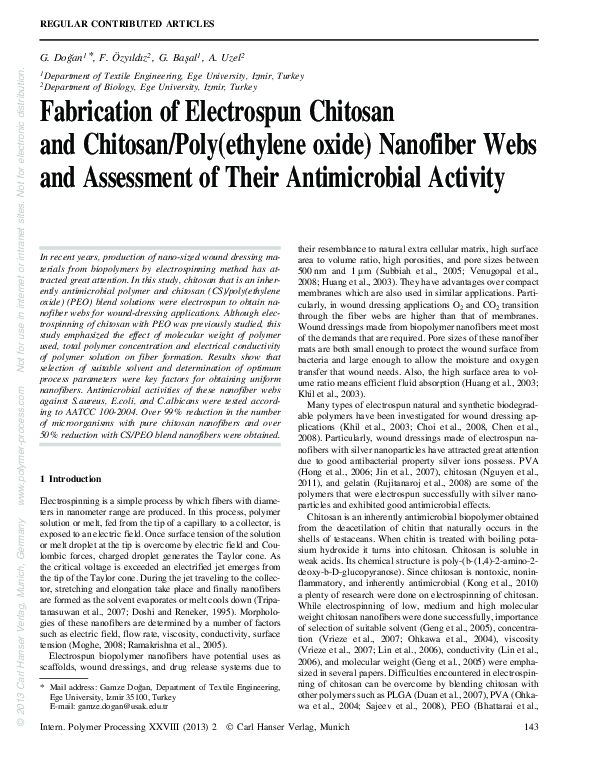 (PDF) Fabrication of Electrospun Chitosan and Chitosan/Poly(ethylene oxide) Nanofiber Webs and ...