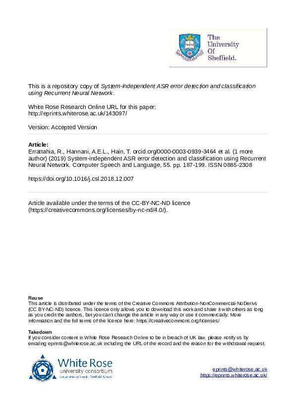 Pdf System Independent Asr Error Detection And Classification Using