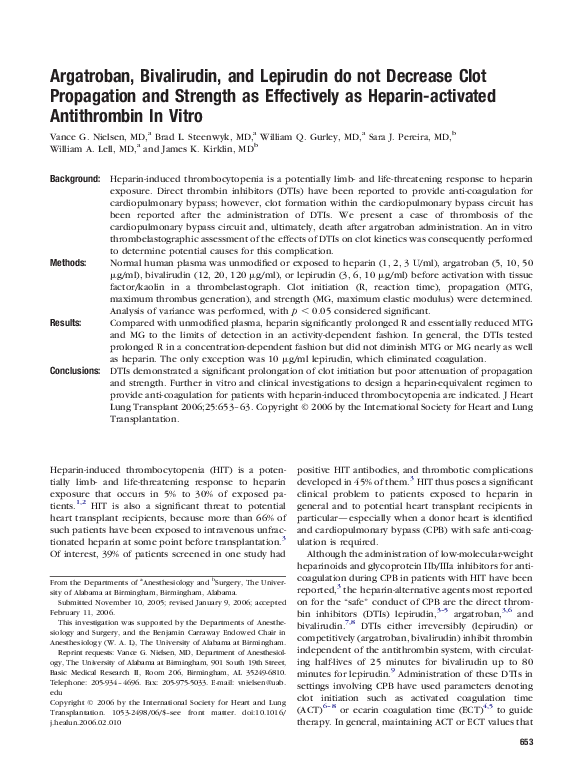 (PDF) Argatroban, Bivalirudin, and Lepirudin do not Decrease Clot ...