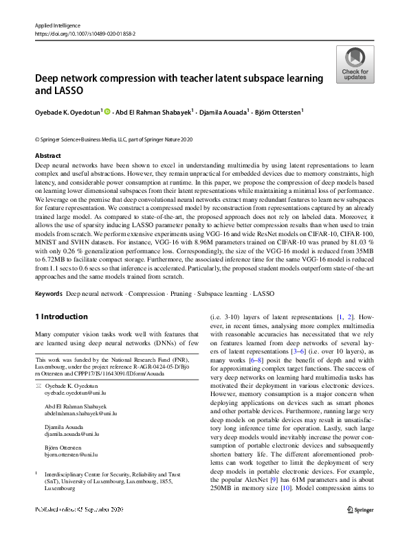 (PDF) Deep network compression with teacher latent subspace learning and LASSO