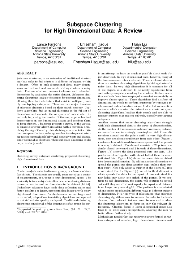 (PDF) Subspace clustering for high dimensional data: a review