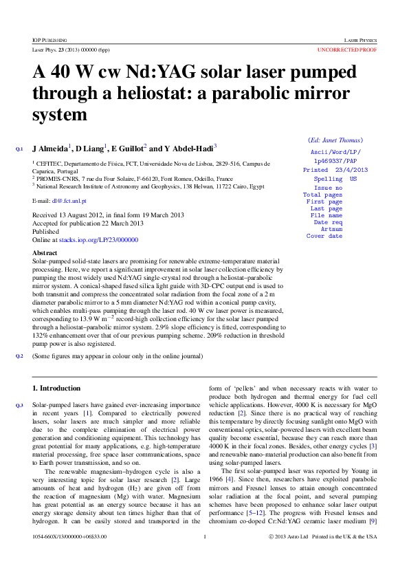 (PDF) A 40 W cw Nd:YAG solar laser pumped through a heliostat: a parabolic mirror system