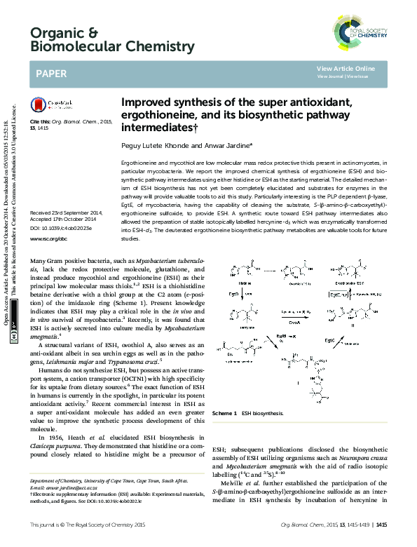 (PDF) Improved synthesis of the super antioxidant, ergothioneine, and ...