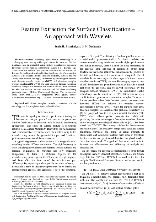 (PDF) Feature Extraction for Surface Classification - An approach with Wavelets