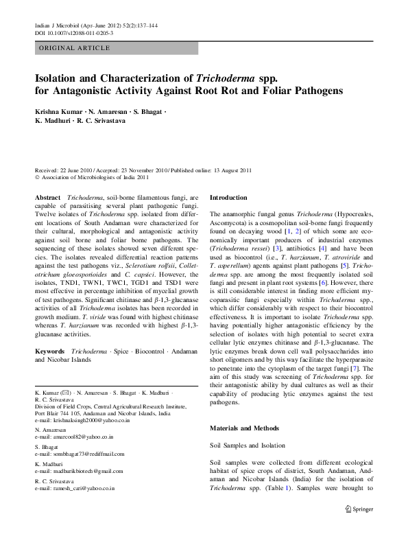 (PDF) Isolation and Characterization of Trichoderma spp. for Antagonistic Activity Against Root ...