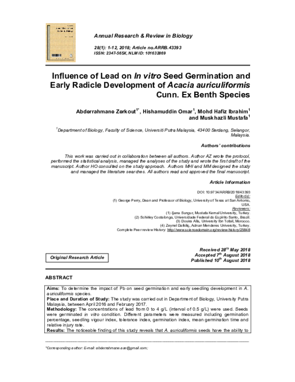 (PDF) Influence of Lead on In vitro Seed Germination and Early Radicle ...