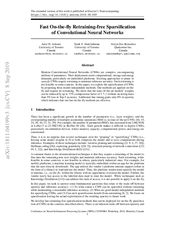 (PDF) Retraining-Free Methods for Fast On-the-fly Pruning of Convolutional Neural Networks