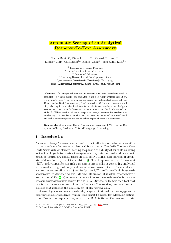 (PDF) Automatic Scoring of an Analytical Response-To-Text Assessment