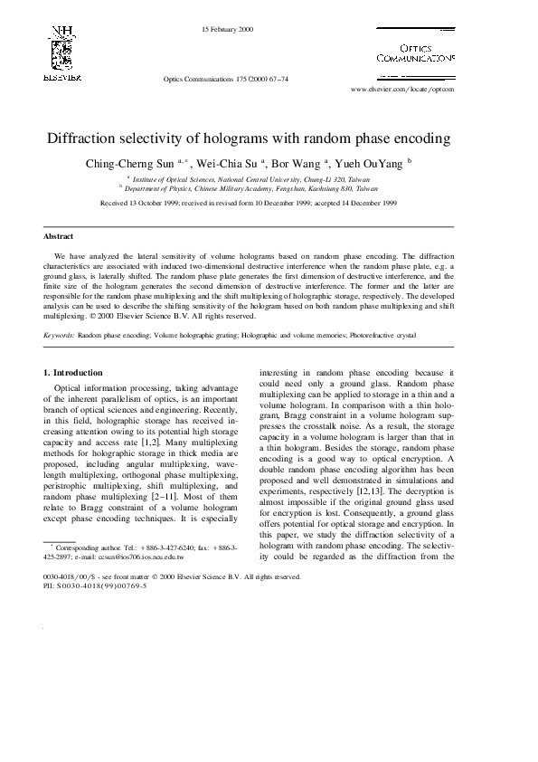 Pdf Diffraction Selectivity Of Holograms With Random Phase Encoding