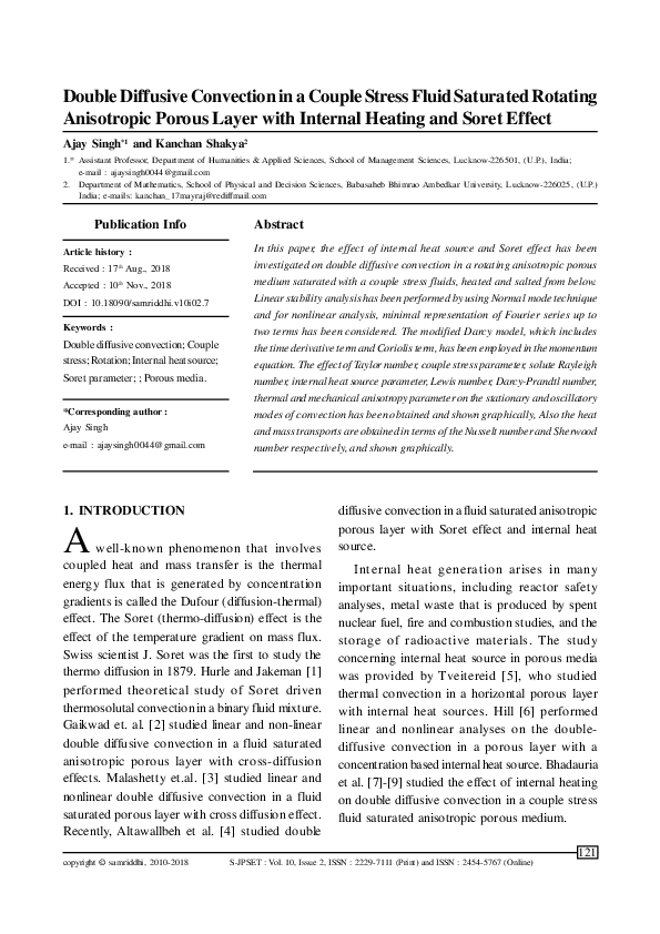 Pdf Double Diffusive Convection In A Couple Stress Fluid Saturated Rotating Anisotropic Porous