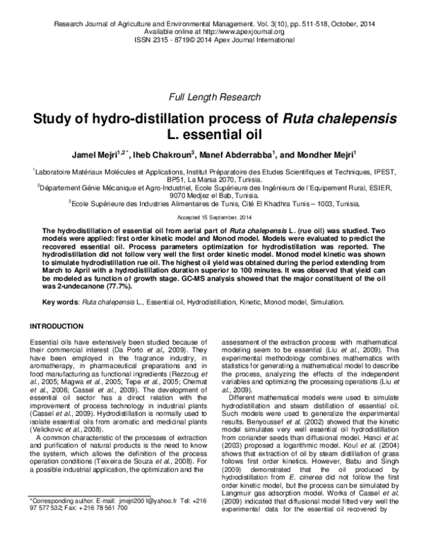 (PDF) Study of hydro-distillation process of Ruta chalepensis L ...