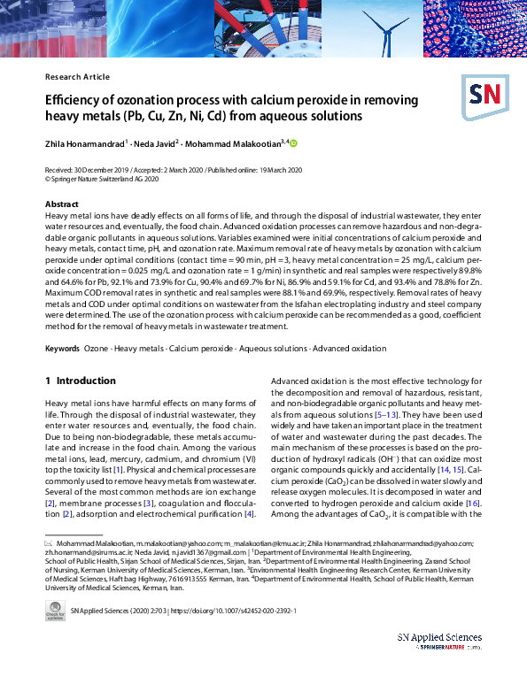 (PDF) Efficiency of ozonation process with calcium peroxide in removing heavy metals (Pb, Cu, Zn ...