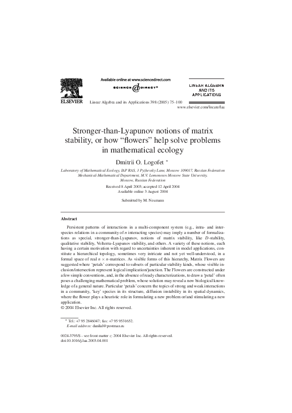 (PDF) Matrices and Graphs: Stability Problems in Mathematical Biology