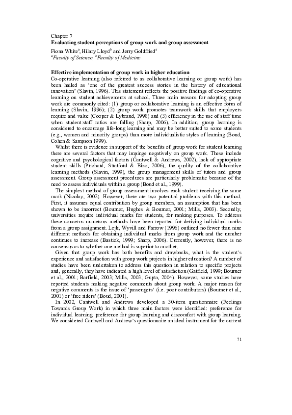 (PDF) Evaluating student perceptions of group work and group assessment