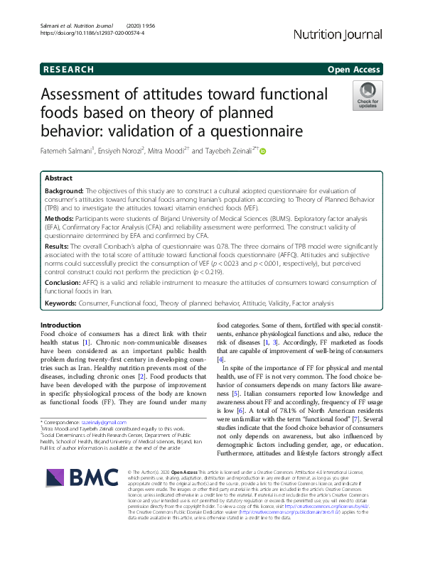 (PDF) Assessment of attitudes toward functional foods based on theory of planned behavior ...