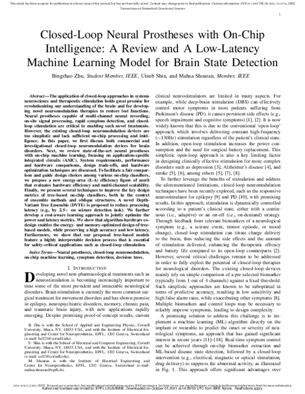 Pdf Closed Loop Neural Prostheses With On Chip Intelligence A Review