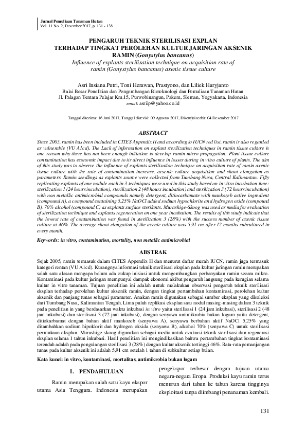 (PDF) PENGARUH TEKNIK STERILISASI EXPLAN TERHADAP TINGKAT PEROLEHAN KULTUR JARINGAN AKSENIK ...