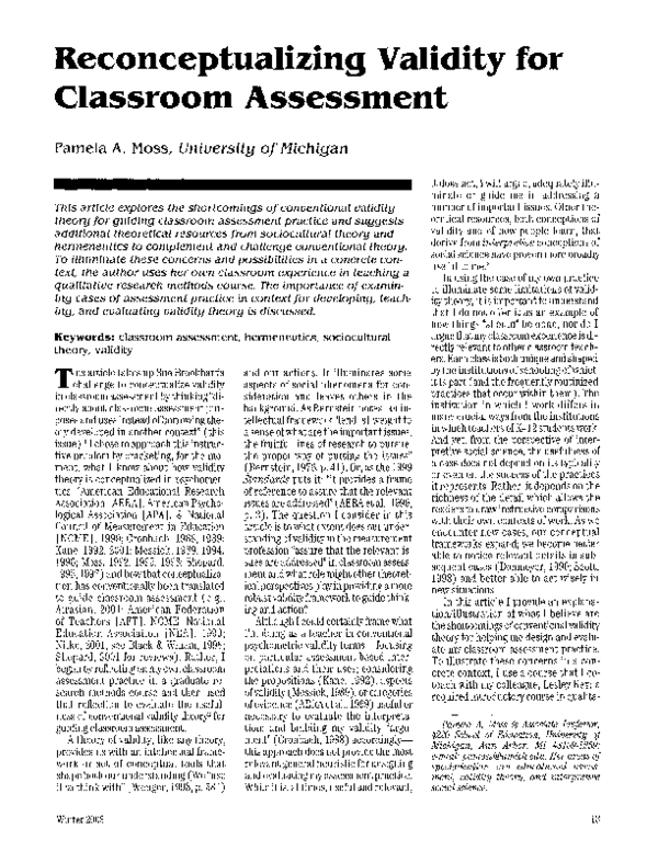 (PDF) Reconceptualizing Validity for Classroom Assessment