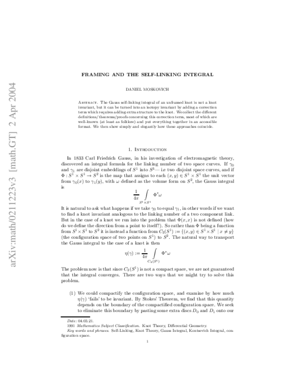 (PDF) Framing and the Self-Linking Integral