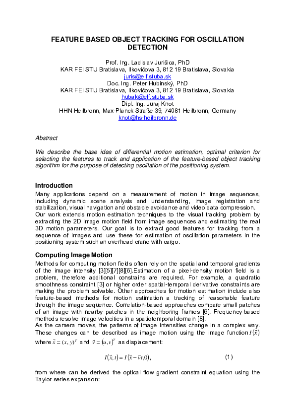 (PDF) Feature Based Object Tracking For Oscillation Detection