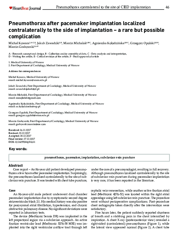 (PDF) Pneumothorax after pacemaker implantation localized ...