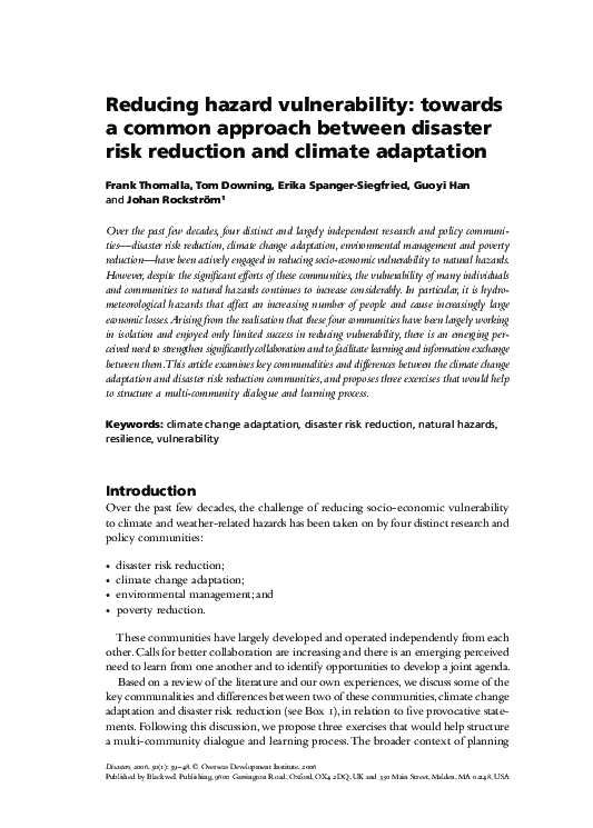 (PDF) Reducing hazard vulnerability: towards a common approach between ...