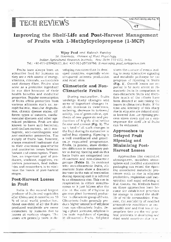 (PDF) Improving the Shelf-Life and Post-Harvest Management of Fruits with 1-Methylcyclopropene ...