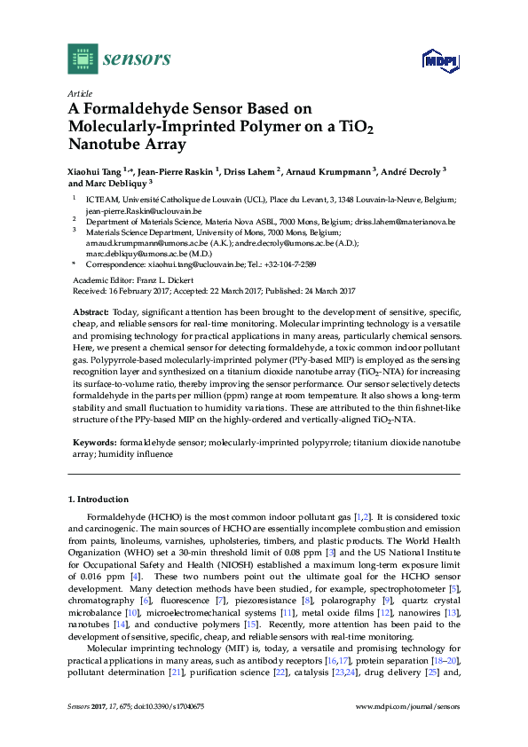 (PDF) A Formaldehyde Sensor Based on Molecularly-Imprinted Polymer on a TiO2 Nanotube Array