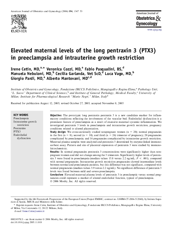 (PDF) Elevated maternal levels of the long pentraxin 3 (PTX3) in preeclampsia and intrauterine ...