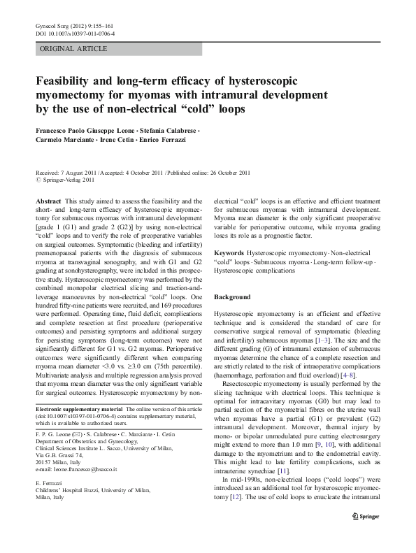 (PDF) Feasibility and long-term efficacy of hysteroscopic myomectomy ...